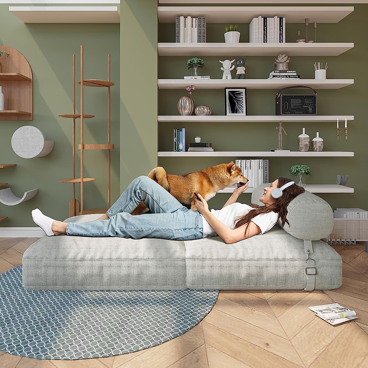 Daneey 3-in-1 Convertible Floor Futon Couch Multi-Functional Folding Sofa Bed with 1 Bolster Pillows Sleeper Chair Fold Out Futon Sofa Bed Couch Ivory