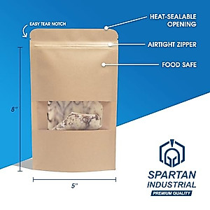 Spartan Industrial - 5" X 8" Kraft Zip Top Food Storage Bags - Pack of 100 Smell-Proof Resealable Pouches for Packaging Coffee, Tea, Spices, Snacks, and More