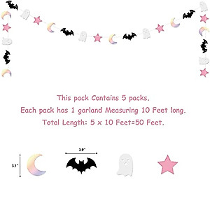5 Pcs Halloween Moon Bat Ghost Star Garland Pink Black Halloween Garland for Pink and Black Kids' Halloween Party Supplies Decorations