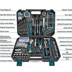 Sundpey Household Tool Kit 257-PCs - Home Auto Repair Tool Set Complete General Hand Tool Set - Tool Kits for Handyman & Precision Screwdriver Set & Metric Hex Key & Toolbox Storage Case for Men Women