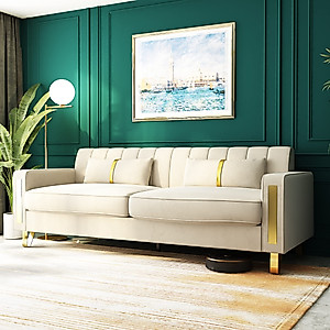 Couch 85.62" 3 Seats Sectional Velvet Fabric Sofa Easy Assemble Sofa Bed with 2 Couch Pillows,Gold Metal Legs for Living Room (P17, 2 PCS Beige)