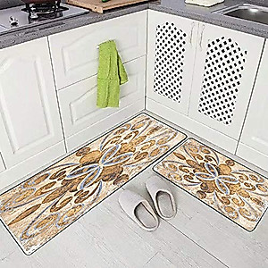 Jesmacti Kitchen Rugs and Mats Rug for Kitchen Sink Area Vintage Italian Tile Pattern Brown Kitchen Rug (17X48+17X24 Inches) Boho Kitchen Rug