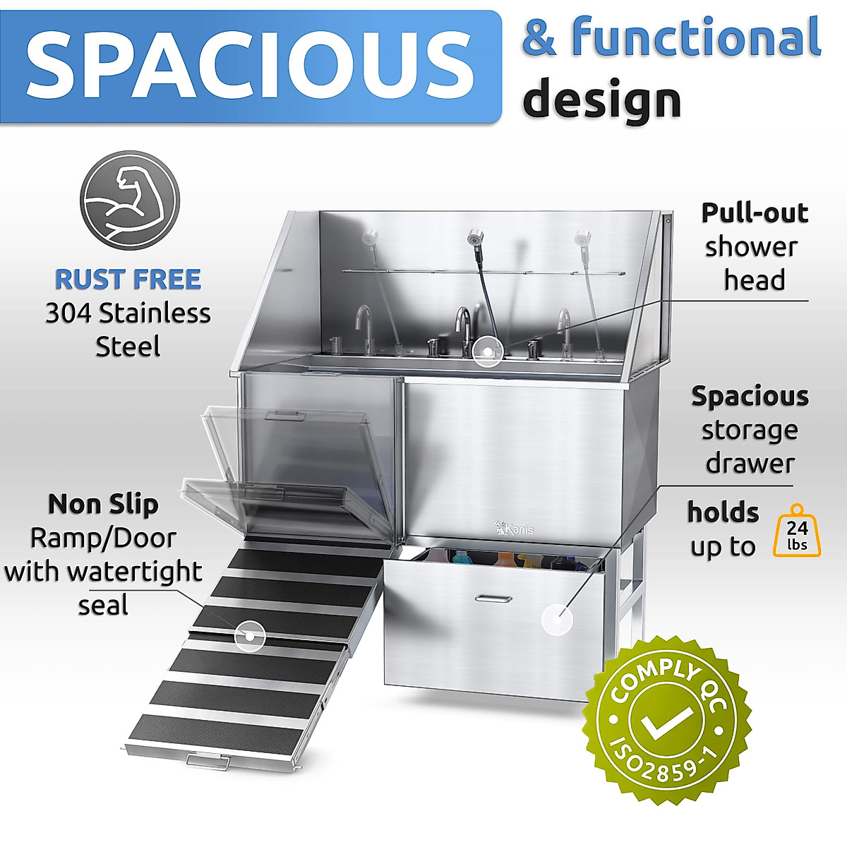 KANIS Professional Stainless Steel Dog Bathing Station - Dog Grooming Tub w/Ramp, Storage Drawer, Floor Grate & Faucet/Dog Bathtub for Large, Medium & Small Pets (50", Left RAMP - 1 Drawer)