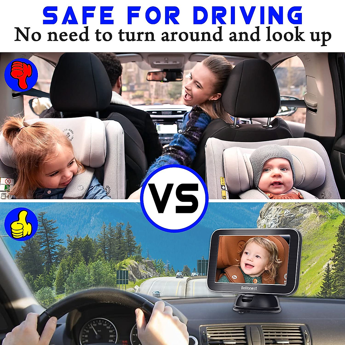 DoHonest Baby Car Mirror HD 1080P 5'' Monitor Infrared Night Vision Back Seat Infant Camera Rear Facing Carseat Wide View S04