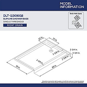DreamLine SlimLine 30 in. D x 60 in. W x 2 3/4 in. H Right Drain Single Threshold Shower Base in White, DLT-1130602