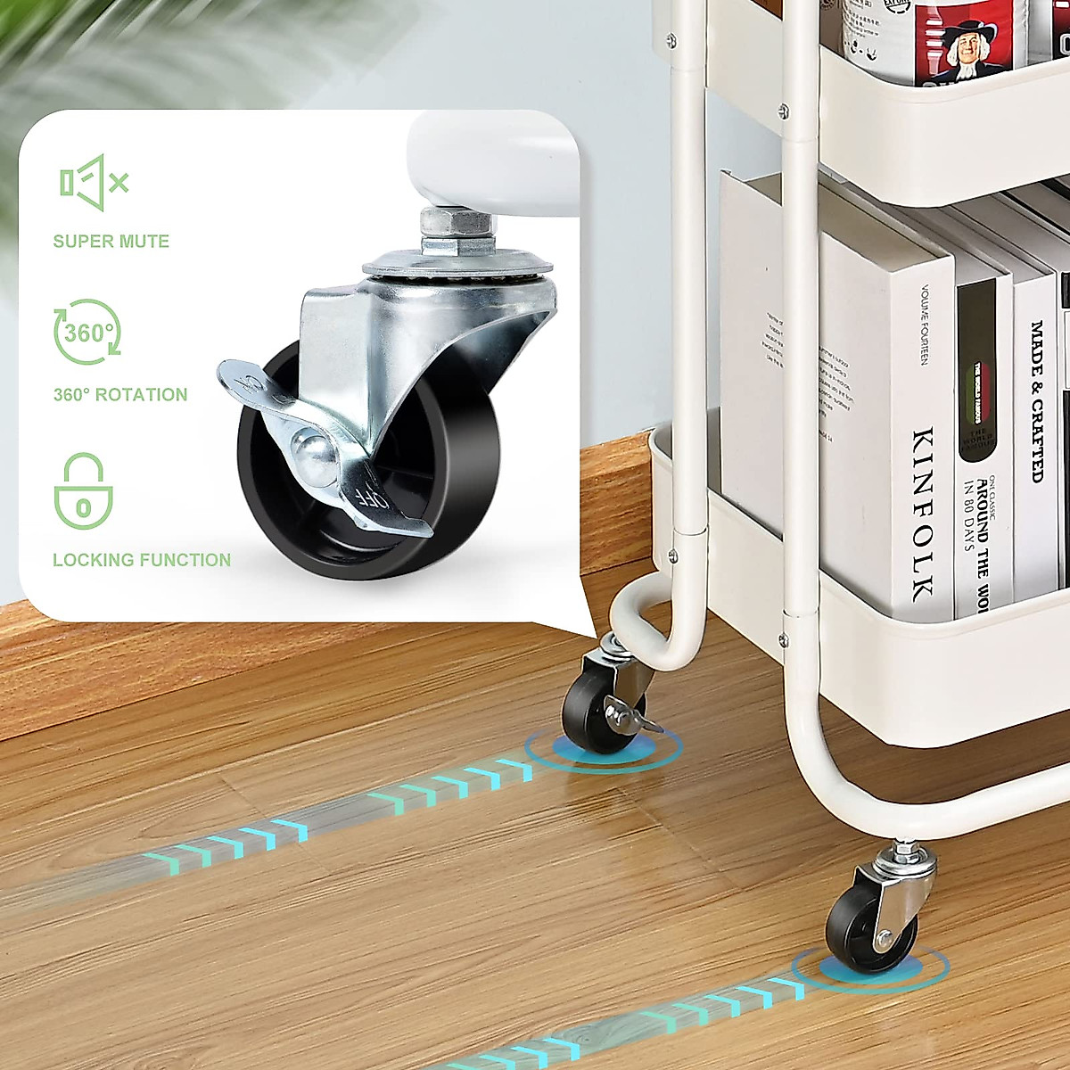 TOOLF 3 Tier Metal Rolling Cart, Utility Cart with Handle, Multifunction Storage Cart with Lockable Wheels, Serving Organizer Trolley with Mesh Basket for Kitchen, Bathroom, Office