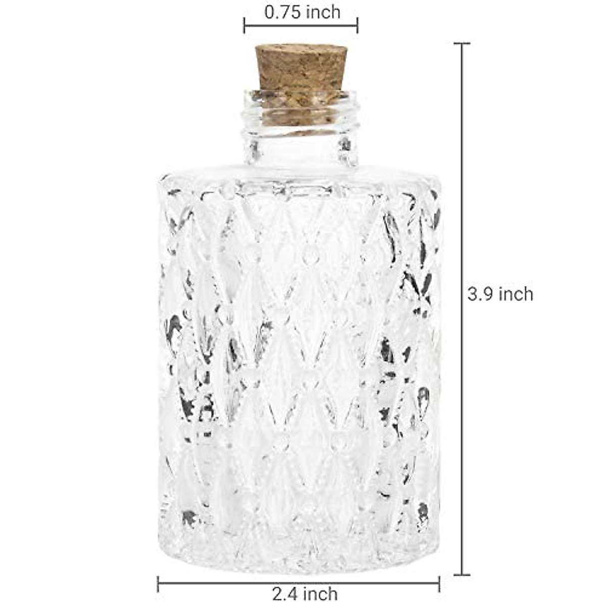 MyGift Small Clear Glass Reed Diffuser Bottles, Vintage Embossed Apothecary Style Flower Bud Vases with Cork Lids, Set of 2