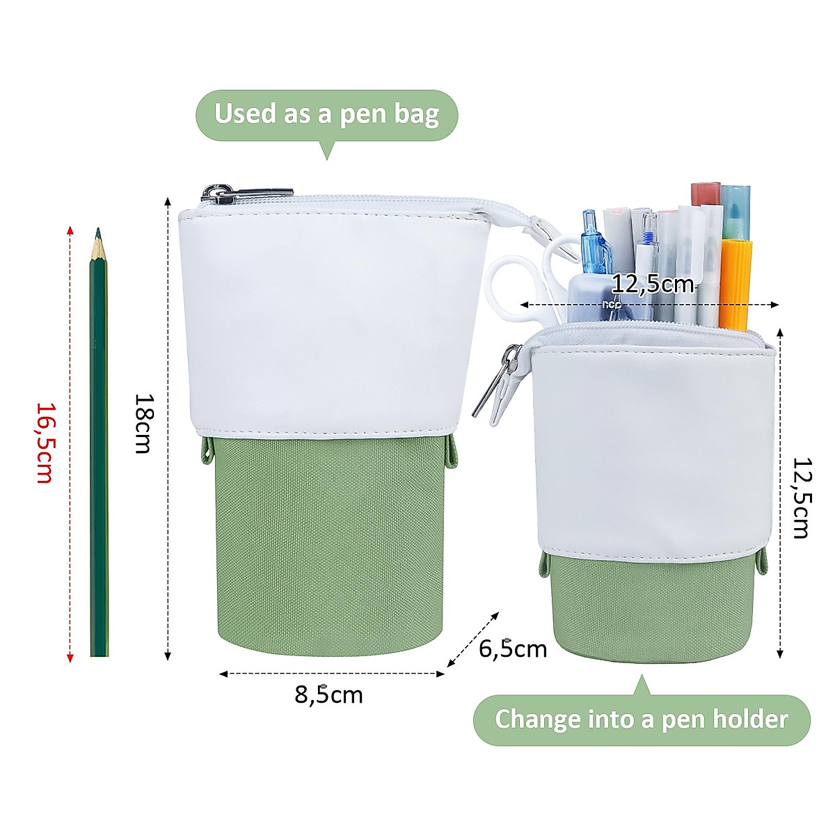 Fmeida Standing Pencil Case Telescopic Pencil Pouch Pop Up Pencil Bag Pen Holder Organizer Aesthetic Stand Up Stationery Pouch Makeup Cosmetics Bag for Christmas Holiday New Year Gift Light Green