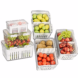 HausArtX Large Fridge Organizer Bins, Fridge Fruit Storage Containers with Removable Colander, BPA-Free, for Keeping Meat, Vegetable, Egg & Fruit Fresh (3 Packs)