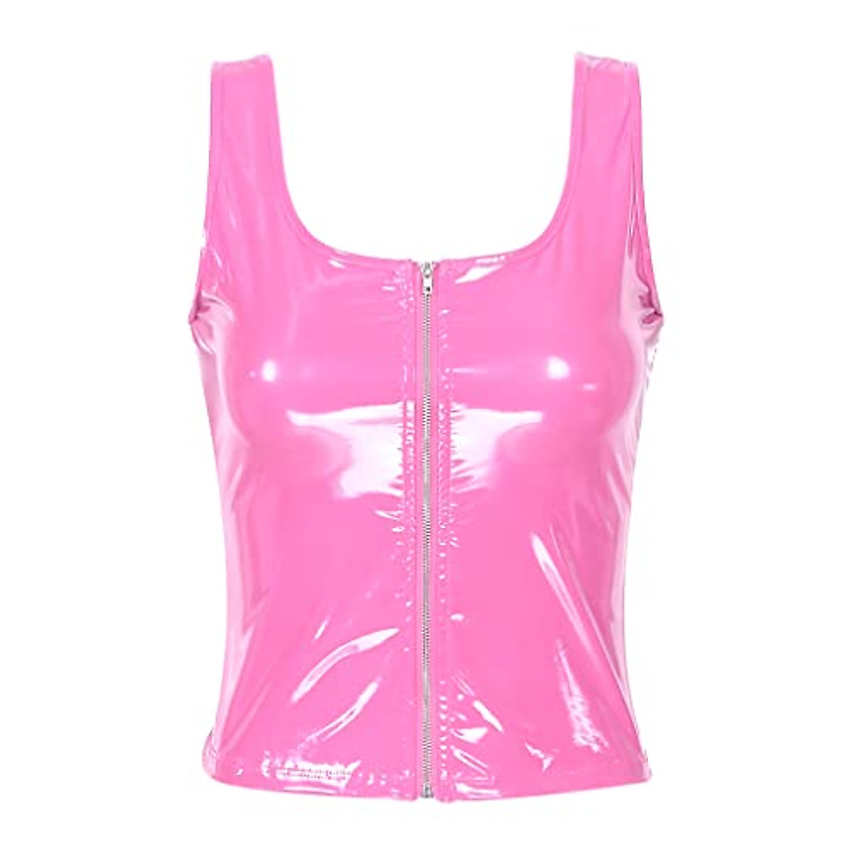 Oyolan Sexy Women PVC Leather Wet Look Zipper Open Crop Tank Tops Latex Moto Biker Punk Tops Blouse Pink Small