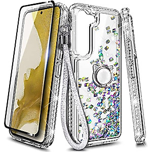 NGB Supremacy Compatible with Samsung Galaxy S23 Case (6.1 Inch) with Tempered Glass Screen Protector, Ring Holder/Wrist Strap, Girls Women Bling Liquid Floating Glitter Cute Case (Crystal Gem)