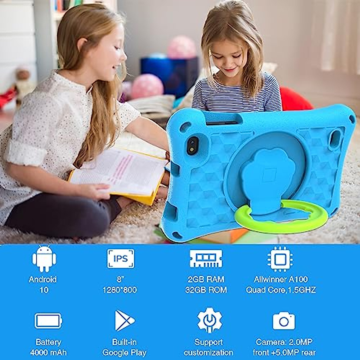 Kids Tablet, 8 inch Tablet for Kids Android Toddler Tablet 2GB 32GB ROM Wifi Tablet, Pre installed & Parent Control Learning Education Tablet with Protective Case, 2+5MP Dual Camera, IPS Touch Screen