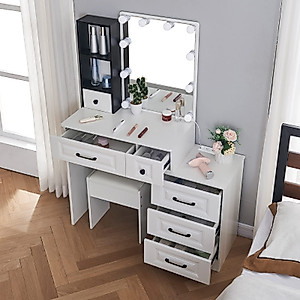 Abesthink Vanity Table,Vanity Dressing Table with Mirror and Charging Station,Makeup Vanity with Lights and Drawers,Vanity Desk with Mirror and Stool,Shelves,White