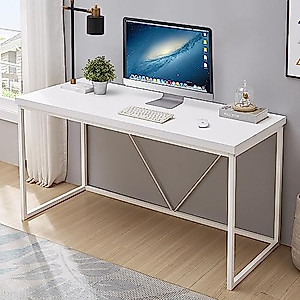 EXCEFUR Home Office Desk, Metal and Wood Computer Desk, Modern Rustic Work Study Writing Table for Living Room Bedroom, White Oak, 55 inch