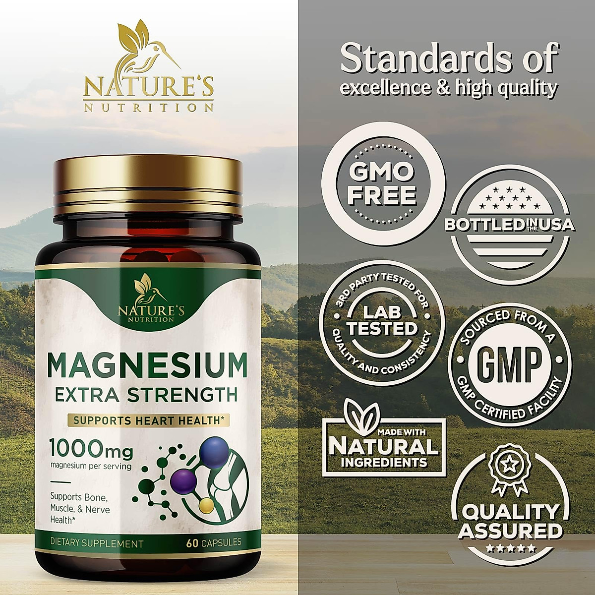 Magnesium Supplement (Citrate Oxide) 1000mg for Best Absorption, Supports Bone, Heart Health, Nerves, Muscles & Metabolism, Nature's Pure Magnesio Vitamin Pills, Bottled in USA, 60 Capsules