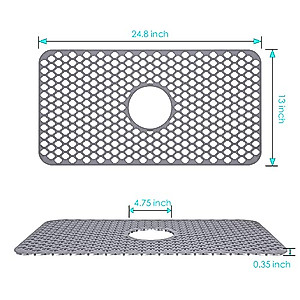 Tisnveky Silicone Sink Protectors for Kitchen [1 Pack] [24.8'' x 13''], Grey Sink Mat Grid for Bottom of Farmhouse Stainless Steel Porcelain Sink with Center Drain
