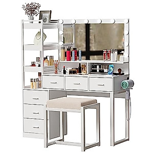 PAKASEPT Makeup Vanity Desk with Mirror and Lights, Vanity Desk with Charging Station, Drawers, Movable Shelves for Makeup, Modern Vanity Table Set with Vanity Stool for Bedroom, White