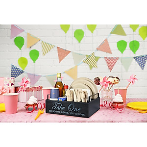 Rehuei Paper Plate Holder Utensil Caddy Organizer - Rustic Wood Disposable Plate Dispenser with Handles for Cups, Forks, Spoons, Napkins and Silverware Holders (handle paper plate holder)