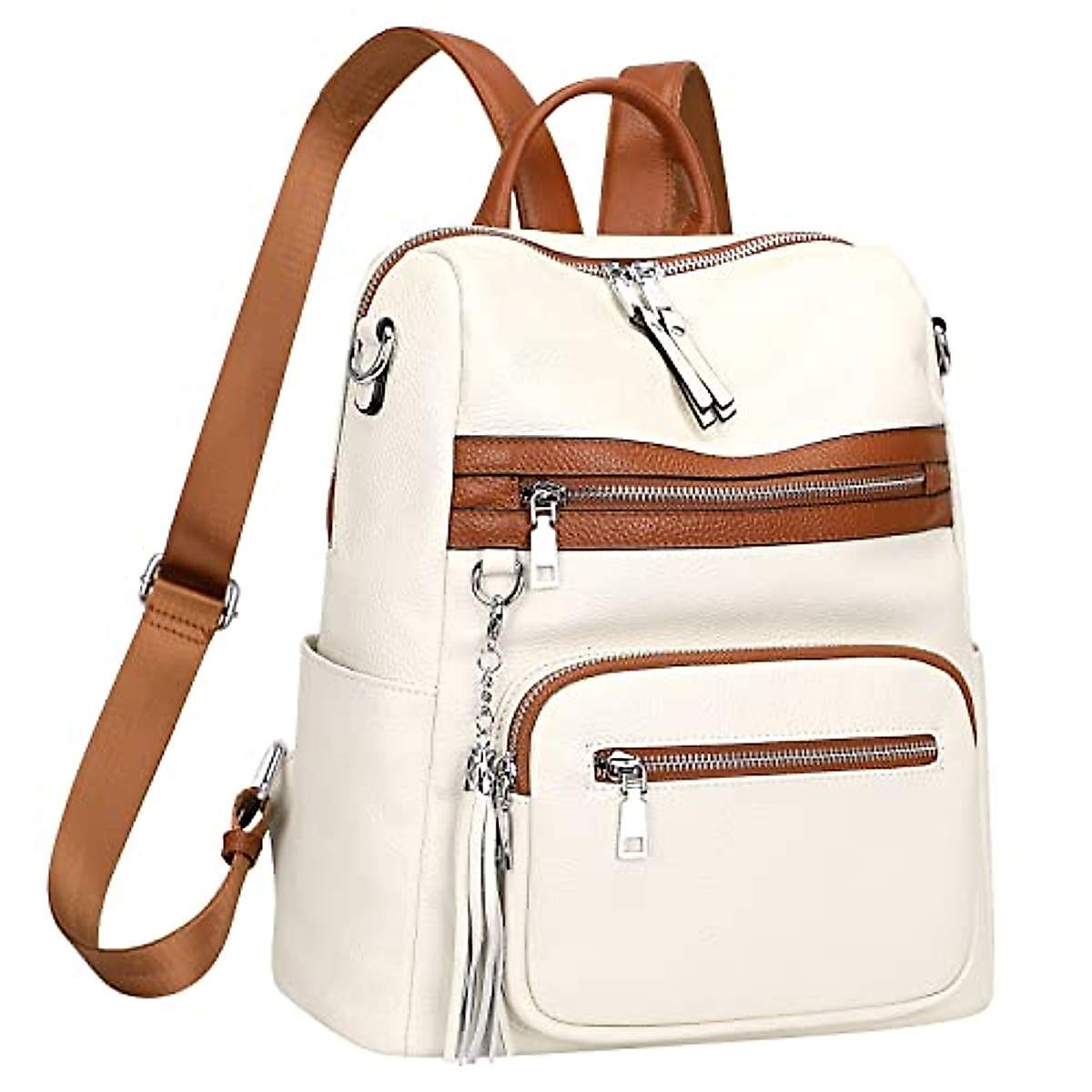 ALTOSY Genuine Leather Backpack Purse for Women Large Shoulder Bag With Laptop Compartment Multiple Pockets (S106 Beige/Brown)