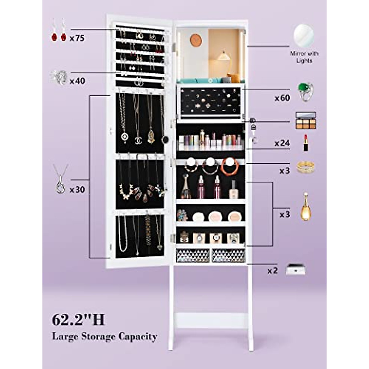 Nicetree Touch Screen LED Jewelry Organizer, Freestanding Full Length Mirror Jewelry Cabinet, Standing Mirror with Jewelry Storage, 2 Drawers, Foldable Makeup Shelf，White