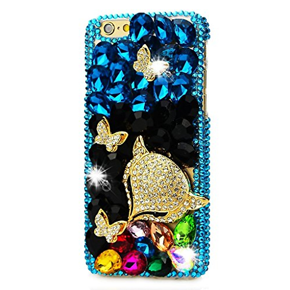 STENES iPod Touch (6th Generation) Case - Luxurious Crystal 3D Handmade Sparkle Diamond Rhinestone Clear Cover With Retro Bowknot Anti Dust Plug - Butterfly Fox Rainbow Rhinestone/Blue&Black