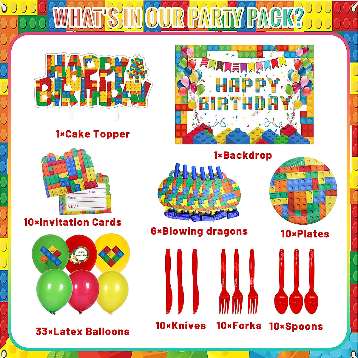 179Pcs Building Block Birthday Party Supplies for 10 Guests, Party Decorations Includes Backdrop, Banner, Latex Balloons, Tableware, Cupcake Toppers, Hanging Swirls, Tablecloth, Invitation Cards,