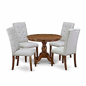East West Furniture HBEL5-AWA-05 5 Piece Dining Set Includes a Round Dining Room Table with Pedestal and 4 Grey Linen Fabric Upholstered Chairs, 42x42 Inch, Walnut