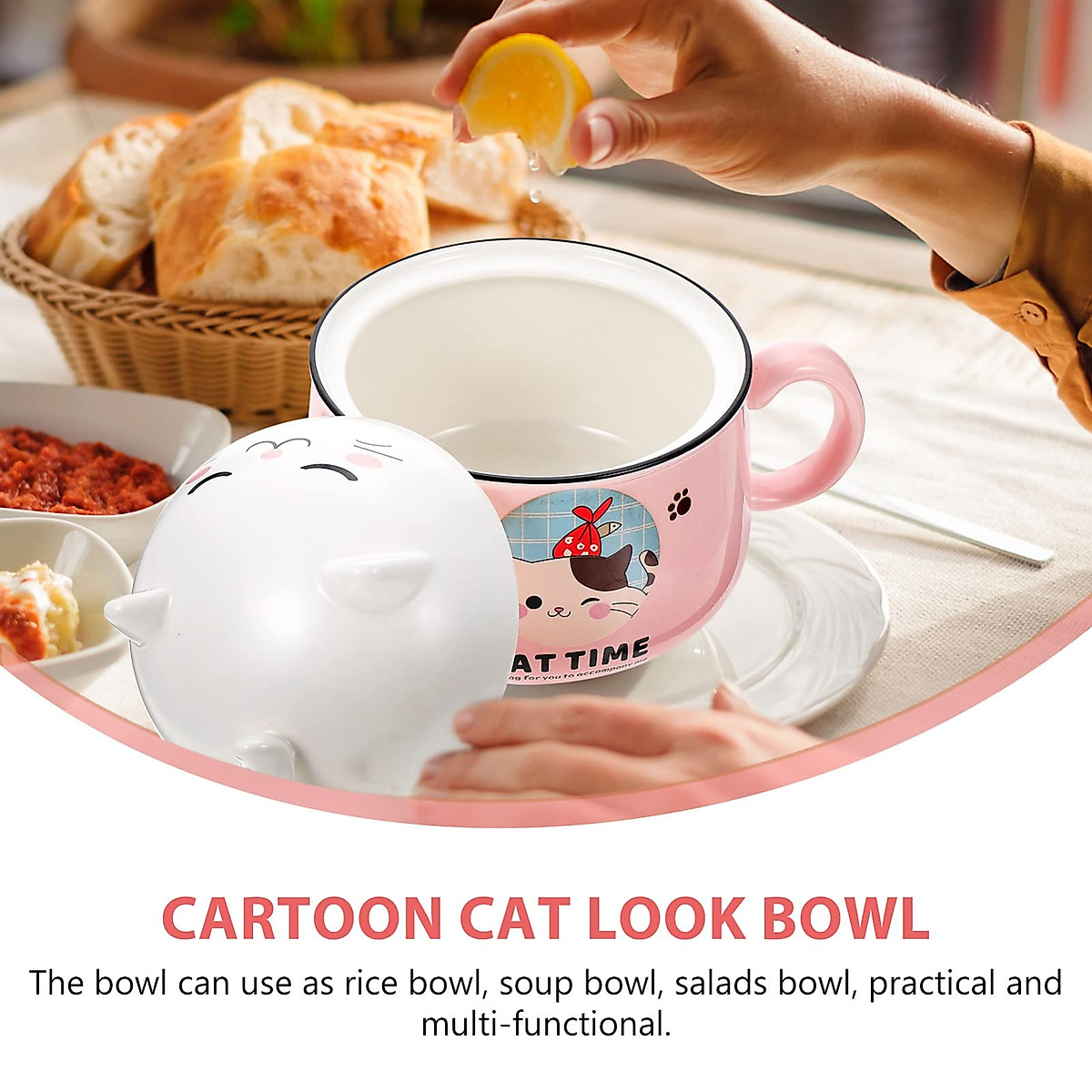 Angoily Chinese Decor Ceramic Bowl with Lid Handle Cat Design Instant Noodle Bowl Cereal Bowl Soup Mug Ramen Bowl for Rice Salad Noodle Pho Vegetable Fruit 1020ml Pasta Container