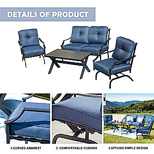 LOKATSE HOME 4 Pieces Outdoor Conversation Furniture Bistro Metal Seating Patio Armchairs Loveseat Set with Cushion & Coffee Table, 4 pcs Chair, Blue