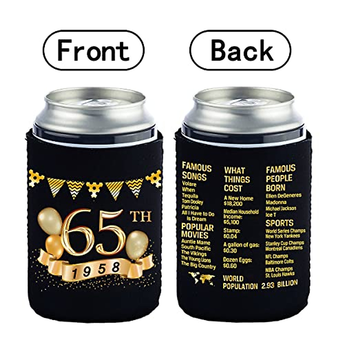 Yangmics 65th Birthday Can Cooler Sleeves Pack of 12-65th Anniversary Decorations- 1958 Sign - 65th Birthday Party Supplies - Black and Gold the sixty-fifth Birthday Cup Coolers