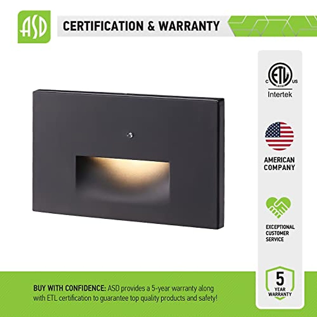 ASD LED Step Light Fixture | Recessed Stair Wall Lighting | 3W 120V 115LM 3000K/4000K/5000K Switch 50000+ Hour Lifespan | Dusk to Dawn Photocell, Outdoor Use, Waterproof, ETL | Black