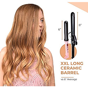 Le Angelique 1.5 Inch Curling Iron with Clip - Professional 8" Extra Large Barrel for Big Long Hair | 1 1/2" 38mm Jumbo Wide Thick Ceramic Curler Wand | Adjustable Temperature | Dual Voltage