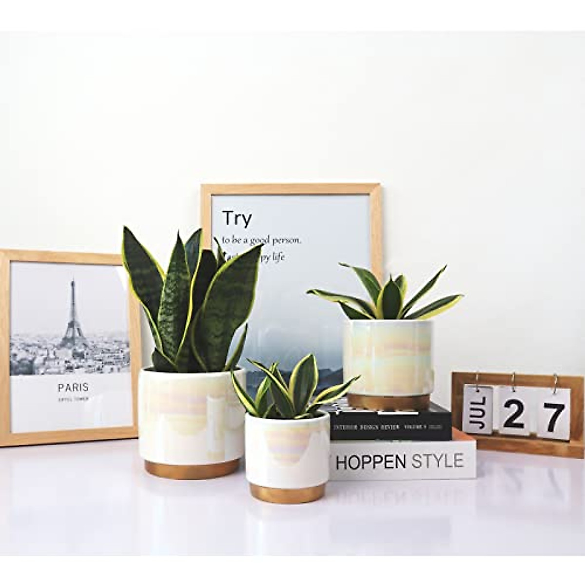 Gepege White Indoor Pots for Plants, Ceramic Planter with Drainage Hole, 6.0 inch+5.0 Inch+4.0 Inch. Succulent Orchid Flower Pot - Rainbow Pearl Glaze