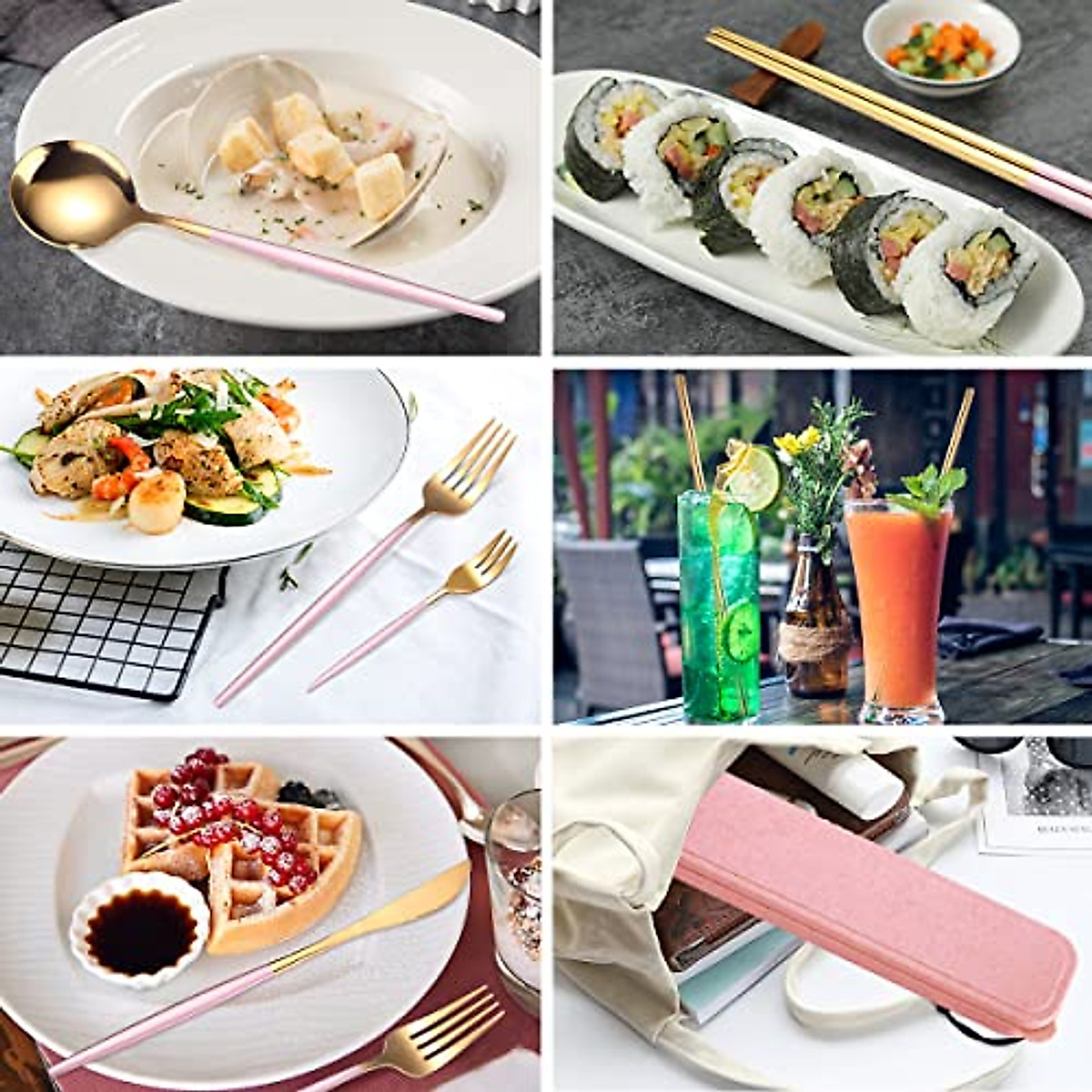 AARAINBOW 8 Pieces Stainless Steel Flatware Set Portable Reusable Cutlery Set Travel Utensils Set Including Chopsticks Knife Fork Spoon Straws Cleaning Brush Dishwasher Safe (Pink Golden)