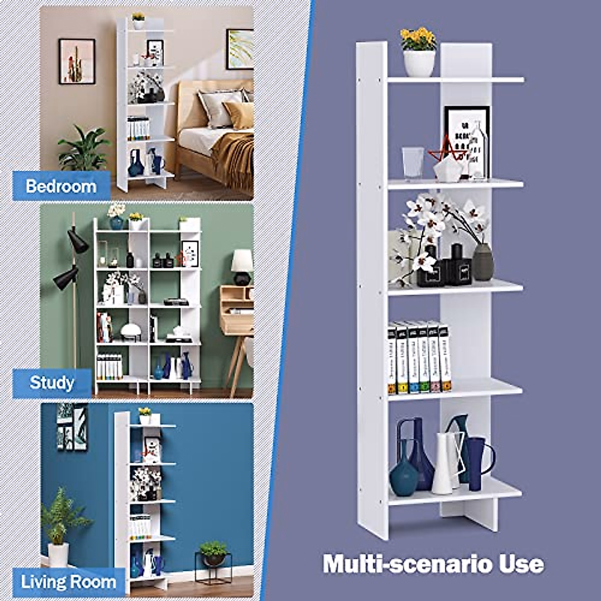 Tangkula 5-Shelf Bookcase, Room Divider and Display Shelf, Freestanding Decorative Storage Shelving, Wooden Bookshelf for Home Living Room Office Bedroom, Room Divider Bookshelf (White, 1)