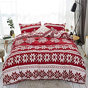LAMEJOR Christmas Duvet Cover Set King Size Snowflake Pattern Holiday Bedding Set Comforter Cover(1 Duvet Cover+2 Pillowcases) Red