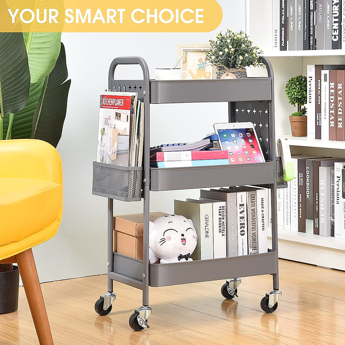 TOOLF 3-Tier Storage Cart, Utility Rolling Cart with DIY Dual Pegboards, Art Craft Trolley with Removable Baskets Hooks, Organizer Serving Cart Easy Assemble for Office, Home, Kitchen, Hospital,Grey