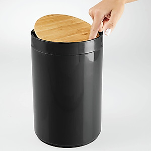 mDesign Plastic Round Trash Can Small Wastebasket - Garbage Bin Container with Swing-Close Lid - Bathroom Garbage Basket - Holds Waste, Recycling - 1.3 Gallon - Basa Collection - Black/Natural