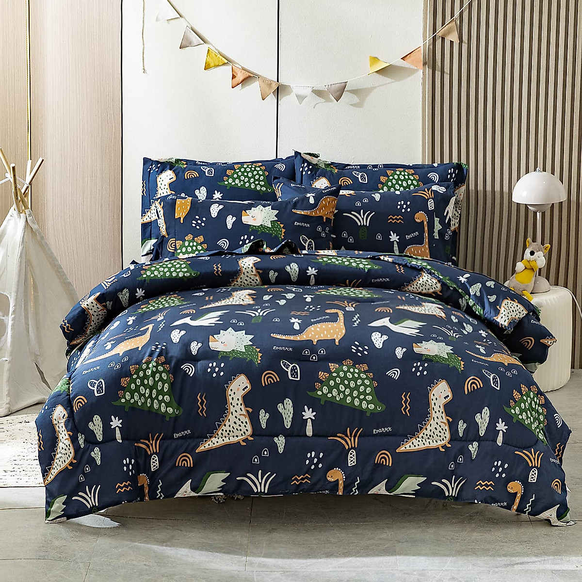 HollyHOME 7 Pieces Teens Comforter Set Dinosaur Pattern Bed in A Bag Bedding Set for Boys, Blue, Full/Queen