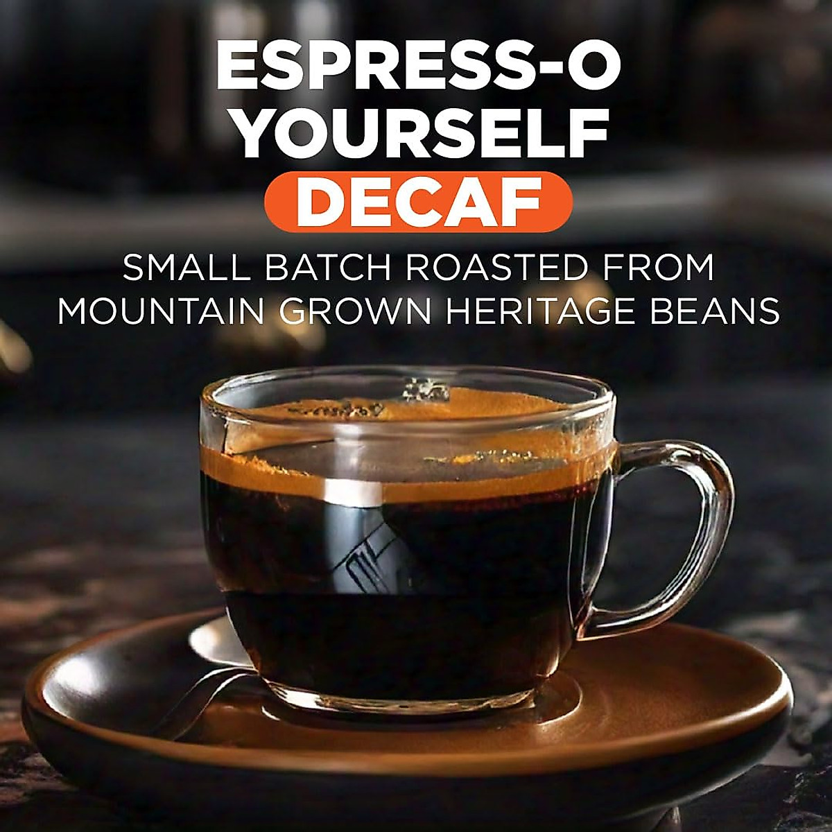 Maud's Decaf Espresso Dark Roast Coffee Pods, 18 ct | Decaffeinated Espress-O Yourself | 100% Arabica Dark Roast Coffee | Solar Energy Produced Recyclable Pods Compatible with Keurig K Cups Maker