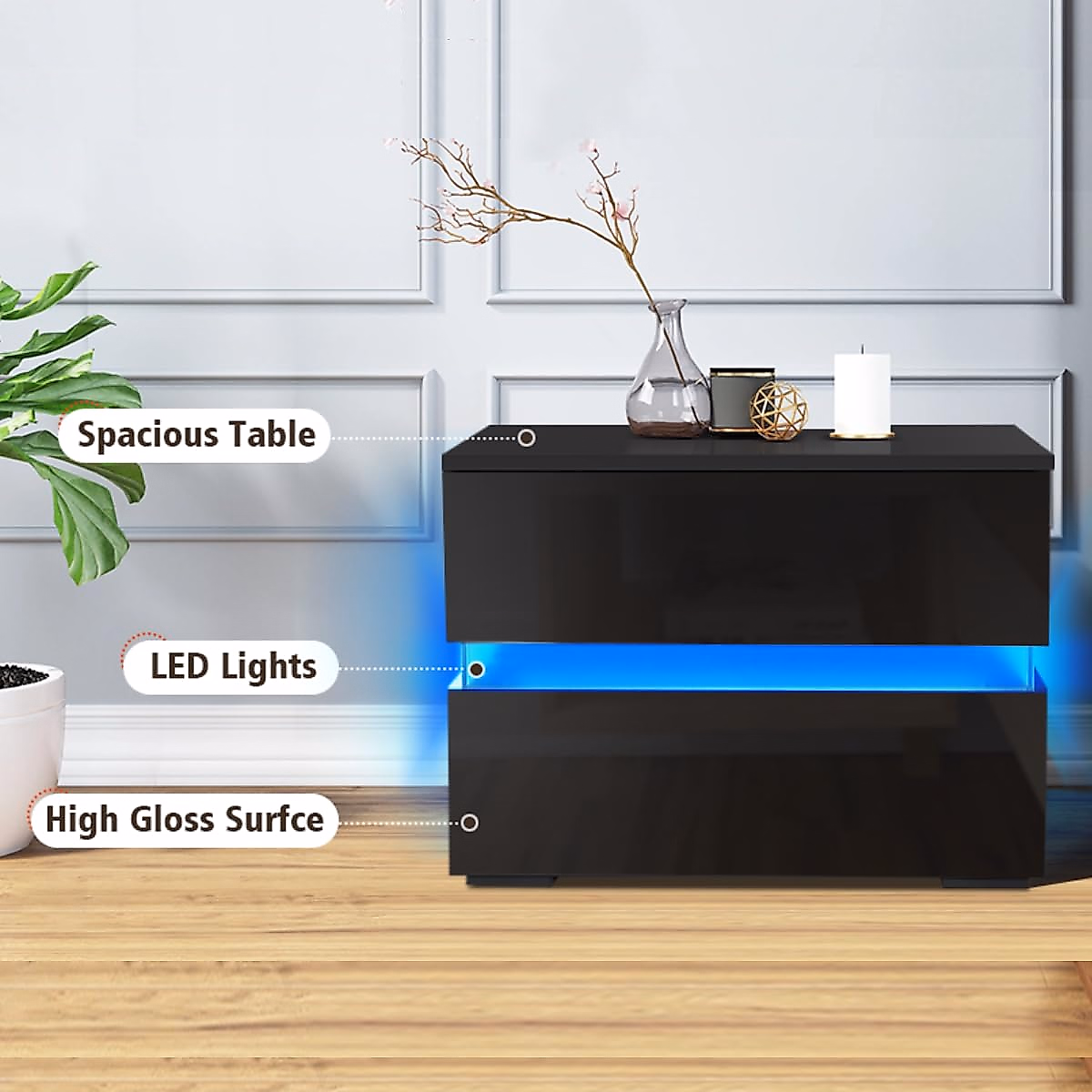 HOMMPA LED Nightstand with 2 Drawers Modern Black Bedside Table Nightstand with Storage Cabinet High Gloss Night Table with 16 Colors LED End Table Smart Nightstand for Bedroom Furniture