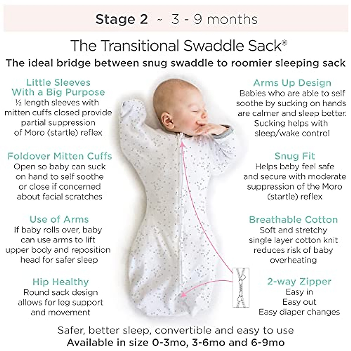 Amazing Baby Transitional Swaddle Sack with Arms Up Half-Length Sleeves and Mitten Cuffs, Tiny Elephants, Sterling, Medium, 3-6 months, 14-21 lbs (Better Sleep for Baby, Easy Swaddle Transition)