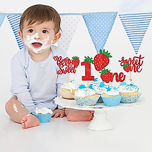 30 PCS Strawberry Sweet One Cupcake Toppers Glitter Berry Sweet 1st Birthday Strawberry Cupcake Picks for Fruit Theme Baby Shower Kids First Birthday Party Cake Decorations Supplies Red
