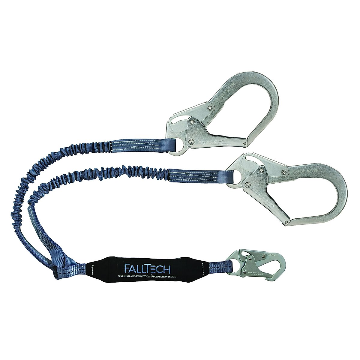 FallTech 8256ELY3 ViewPack, Elastic Core SAL - Y-Leg for 100% Tie-Off with 1 Snap Hook and 2 Rebar Hooks, 4 1/2' to 6', Blue/Black