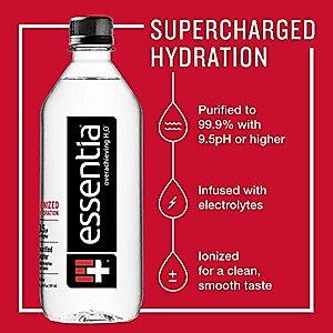 Essentia Bottled Water, Ionized Alkaline Water; 99.9% Pure, Infused with Electrolytes, 9.5 pH or Higher with a Clean, Smooth Taste, 20 Fl Oz (Pack of 24)