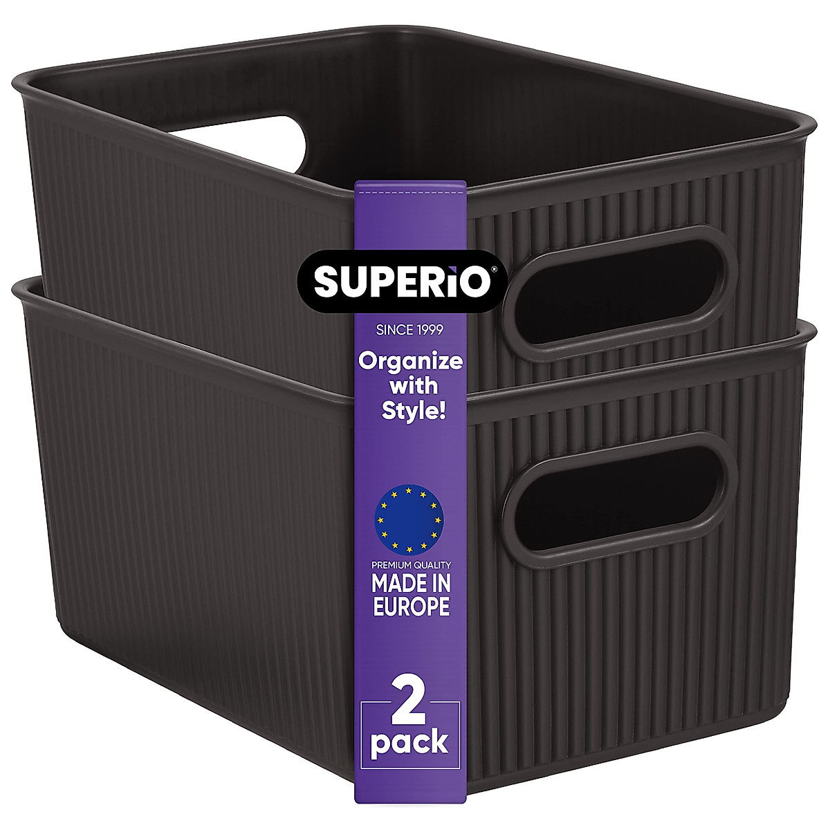 Superio Ribbed Collection - Decorative Plastic Open Home Storage Bins Organizer Baskets, Medium Brown (2 Pack) Container Boxes for Organizing Closet Shelves Drawer Shelf 5 Liter