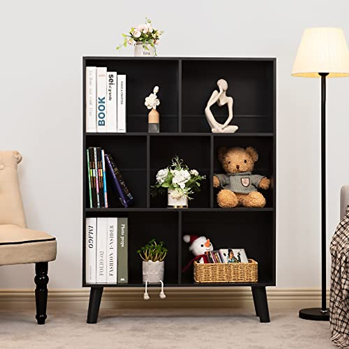 YAHARBO Black Bookshelf,3 Tier Modern Bookcase with Legs,Bookshelves Wood Storage Shelf,Rustic Open Book Shelves Cube Organizer,Free Standing Short Bookcases for Small Space,Bedroom,Living Room,Office