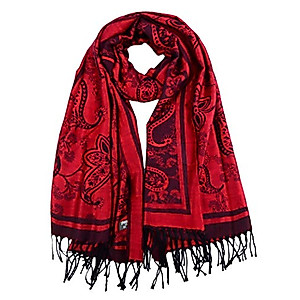 Iristide Women's Pashmina Shawl Paisley Pattern Scarf Tassels Wrap Colorful Ethnic (2005-Red &Black)