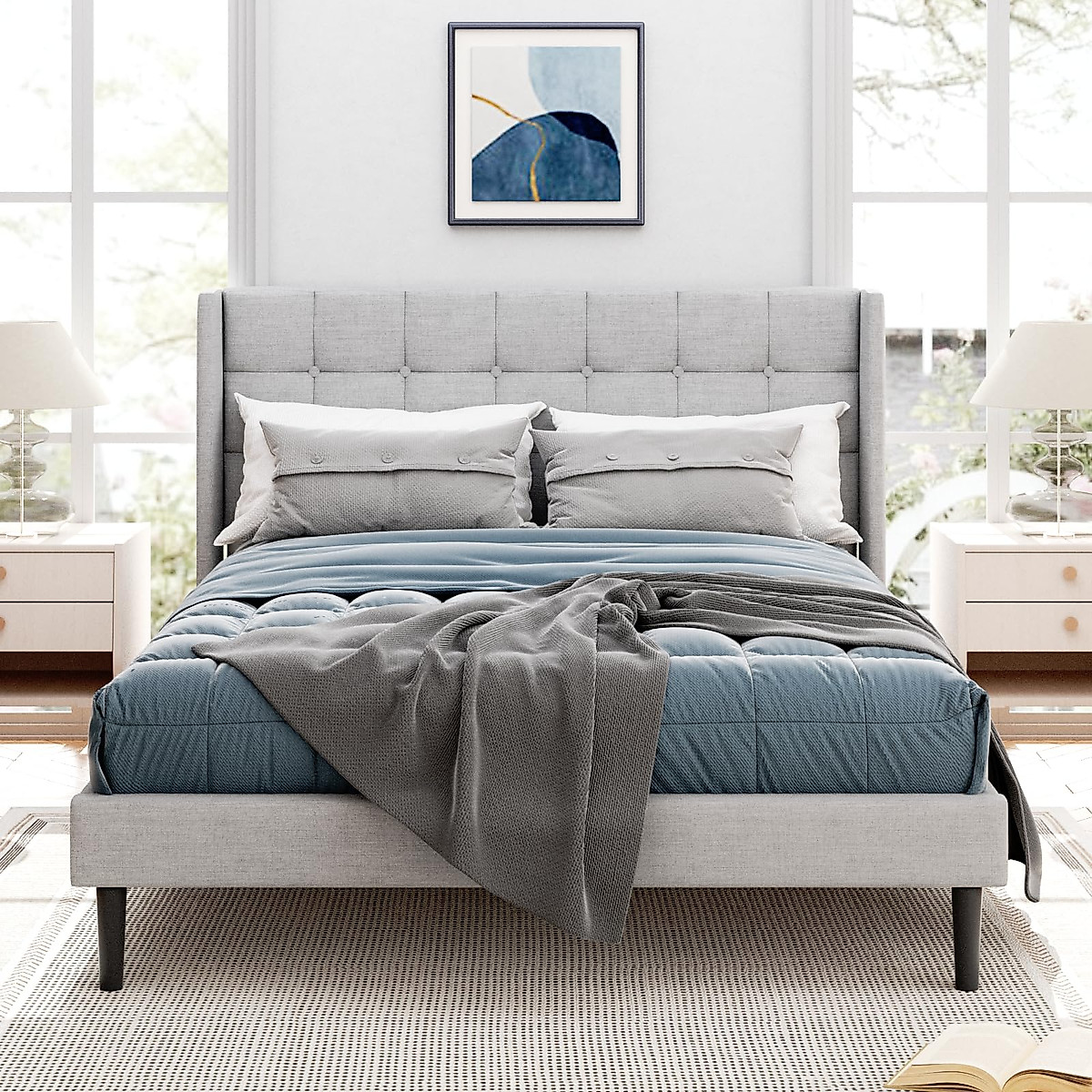 Sismplly Full Size Bed Frame with Headboard, Modern Upholstered Platform Bed Frames, Button Tufted Wingback Mattress Foundation, No Box Spring Needed, Easy Assembly, Light Grey