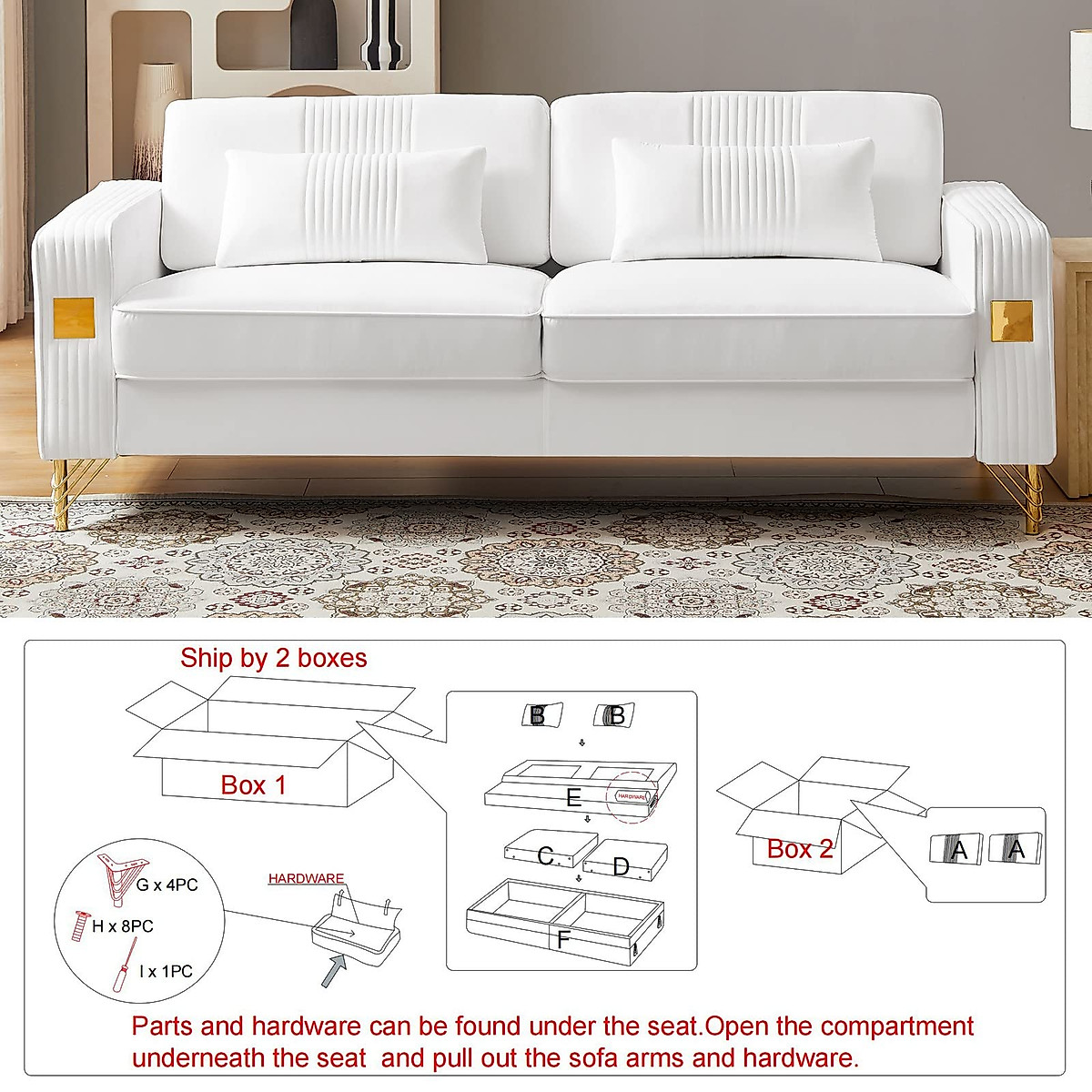 Betoko Velvet Upholstered Sofas Couches for Living Room Modern Contemporary Channel Tufted Beige 3 Seater Sofa Couch with Golden Metal Legs for Bedroom Office and Small Spaces (White)
